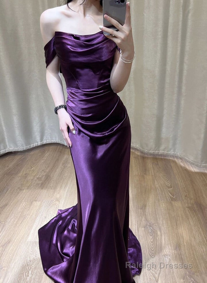 Purple Satin Off Shoulder Long Evening Dress, Purple Satin Prom Dress ...