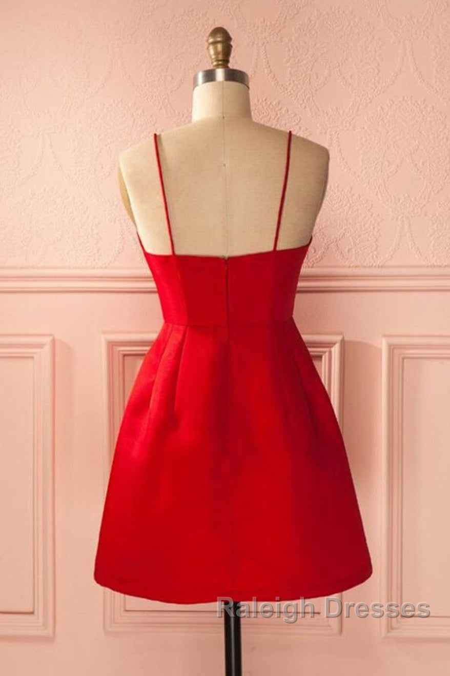 A Line Backless Short Red Prom Dresses, Short Red Satin Homecoming Gra ...