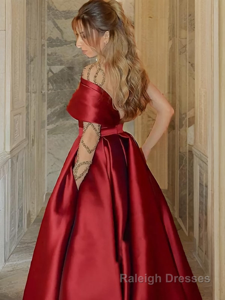 A-Line/Princess One-Shoulder Sweep Train Satin Prom Dresses With Leg S ...