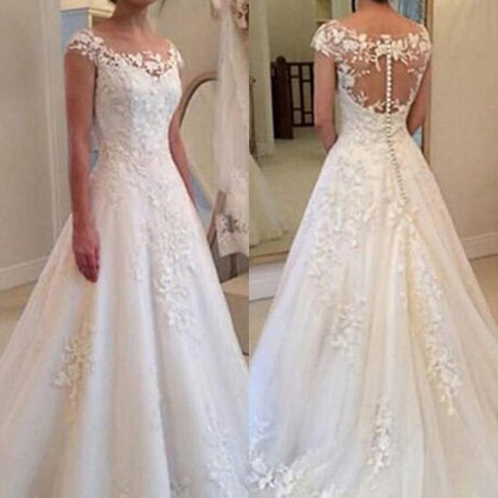 A-Line/Princess Scoop Sweep Train Tulle Wedding Dresses With Appliques ...
