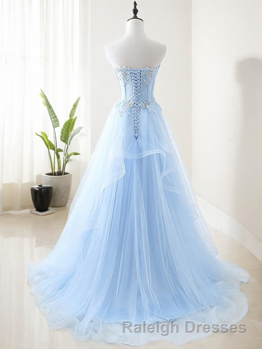 A-Line/Princess Sweetheart Sweep Train Tulle Prom Dresses With Appliqu ...