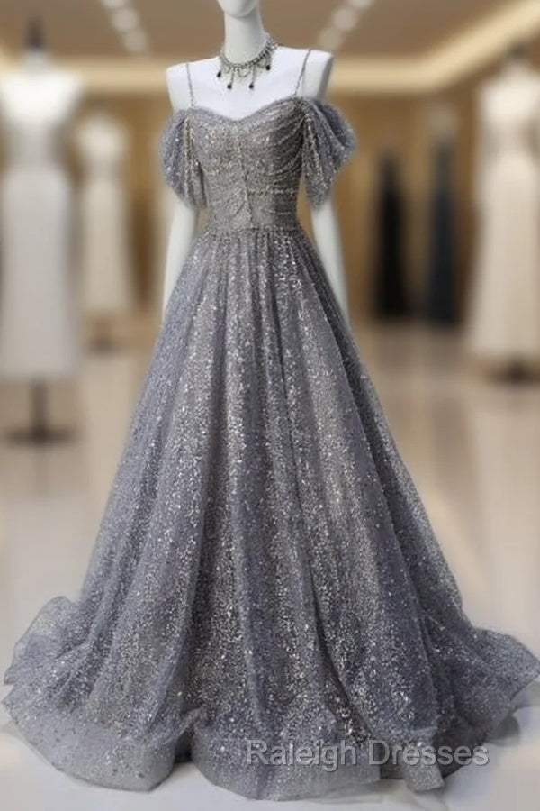 A-Line Spaghetti Strap Mesh Sequin Prom Dresses Long Graduation Prom A ...