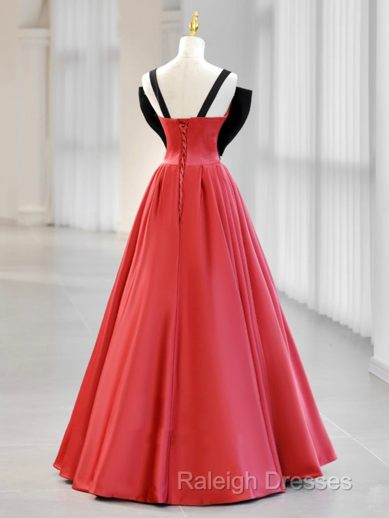 A-Line Watermelon Red Satin Long Prom Dress, Long Formal Dress ...