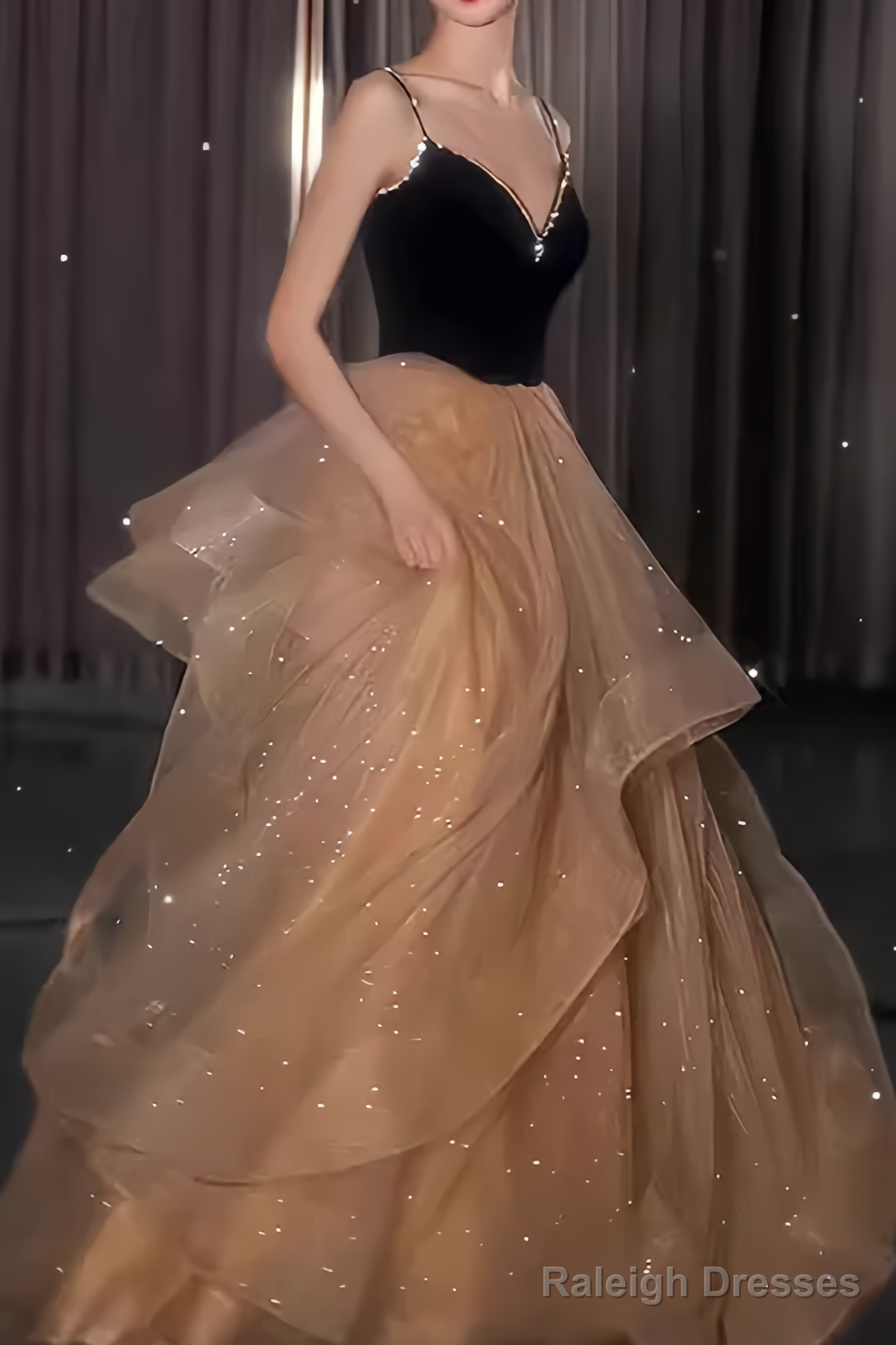 Ball Gown Straps Tulle Champagne Party Dress Long Prom Dress – Raleigh ...