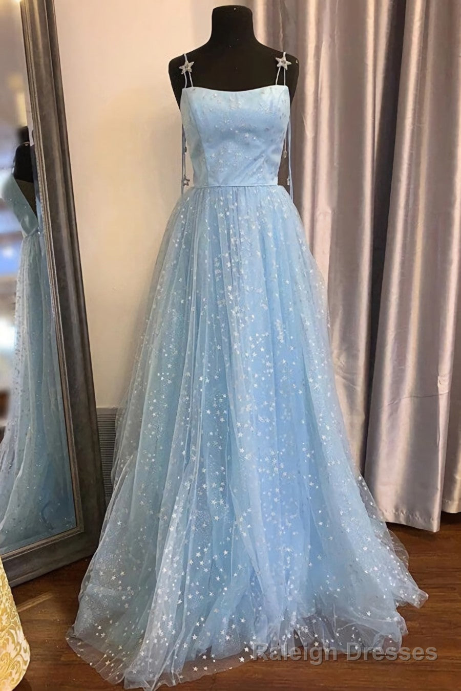 Beautiful Sky Blue Tulle Star A-line Long Prom Dress, Formal Dresses,m ...