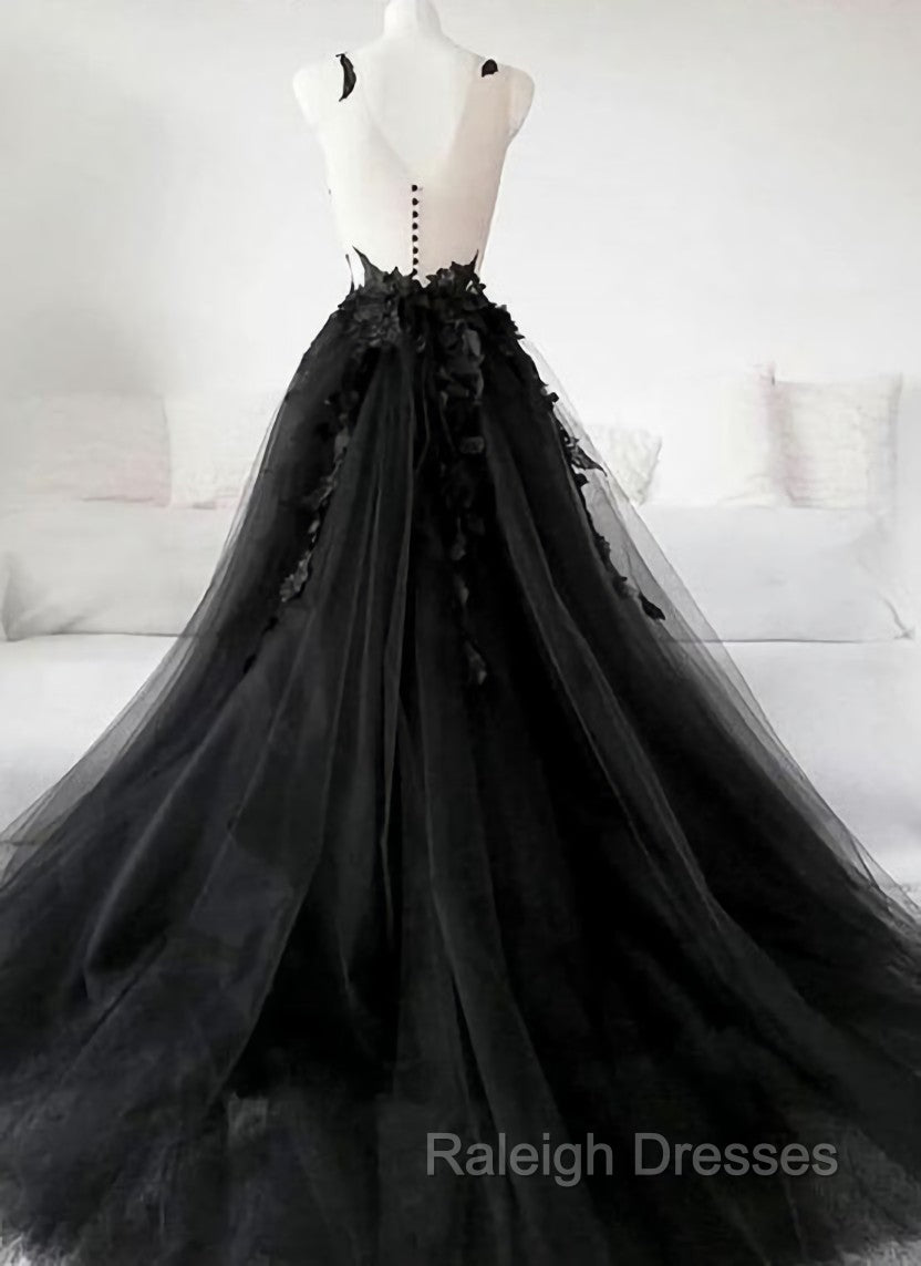 Black Tulle Prom Dress with Lace Long Prom Dress, Pretty Black Prom Dr ...