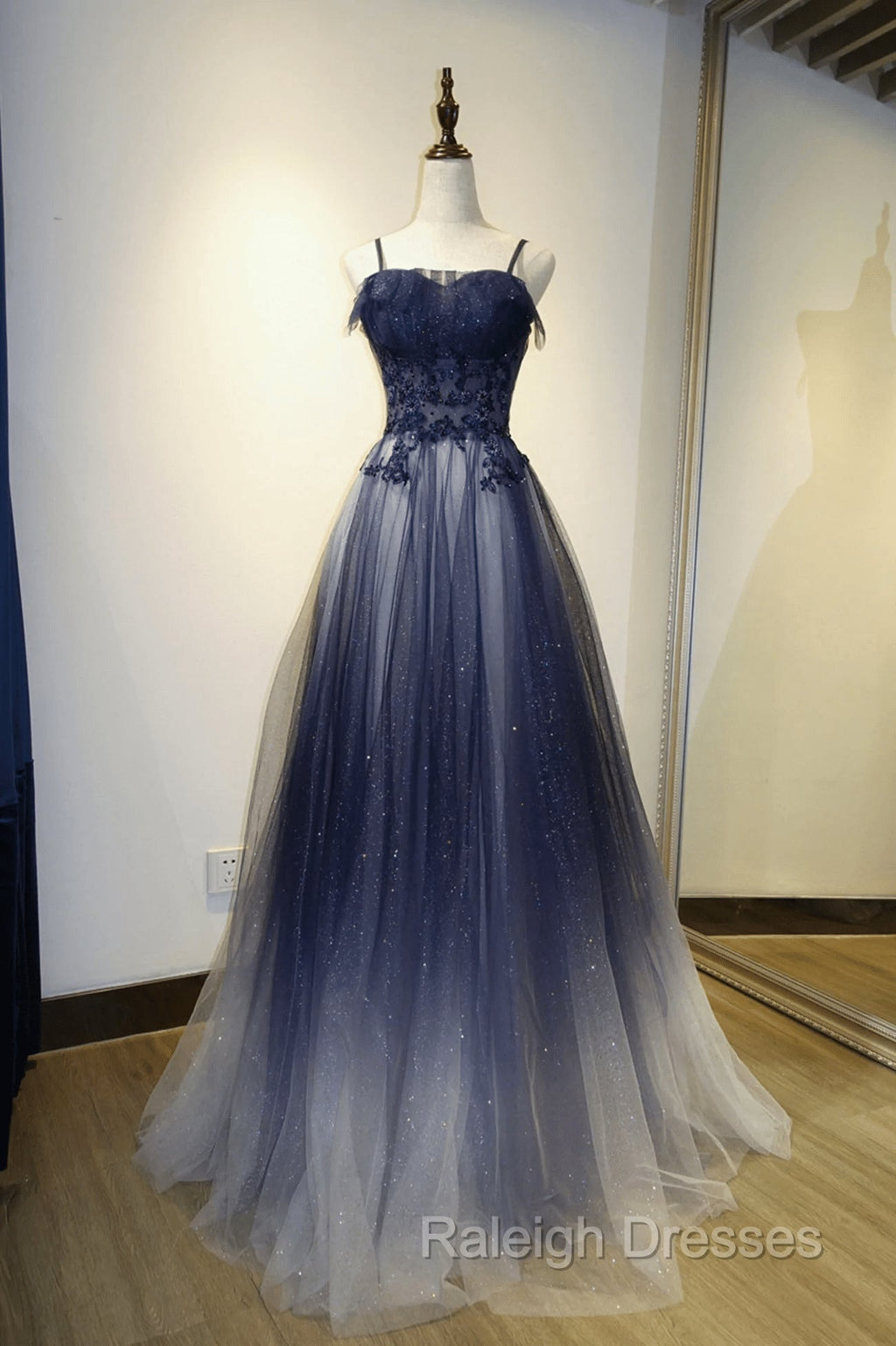 Blue Gradient Straps Tulle Long Prom Dress with Lace Blue Junior Prom ...