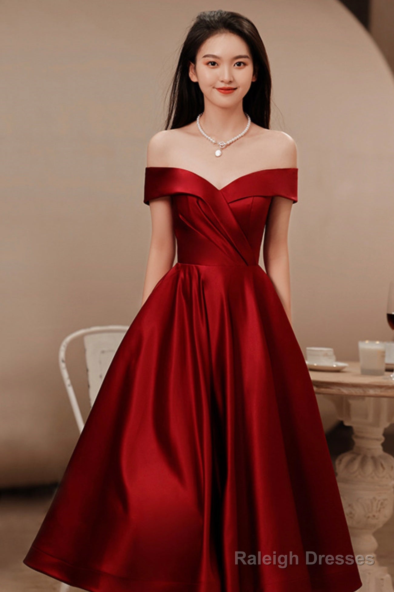 Burgundy Satin Short Prom Dresses, Off The Shoulder Evening Dresses ...