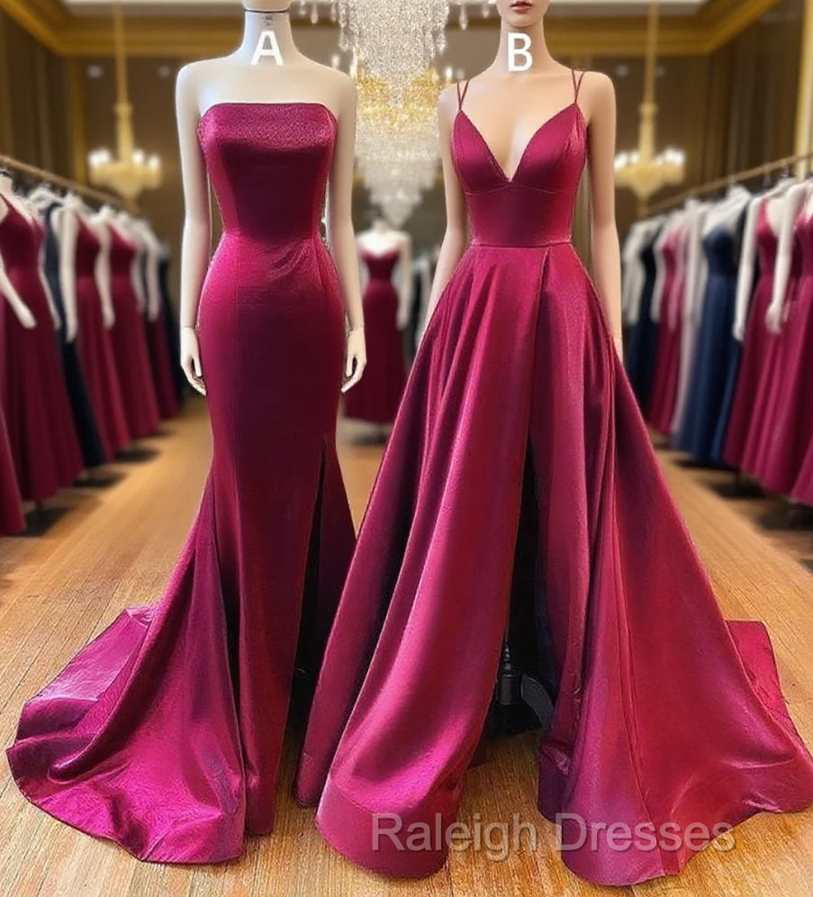 Floor Length Long Satin Burgundy Prom Dress With Split – Raleigh Dresses