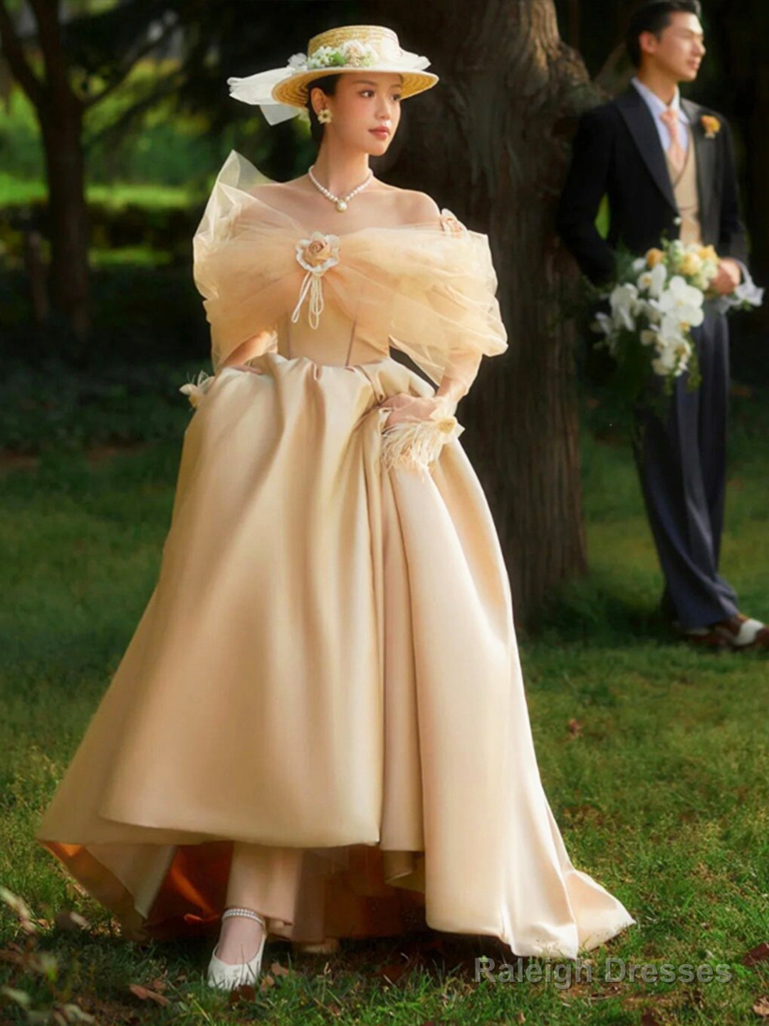 French Champagne Satin Corset Long Prom Dress, Off The Shoulder Evenin ...
