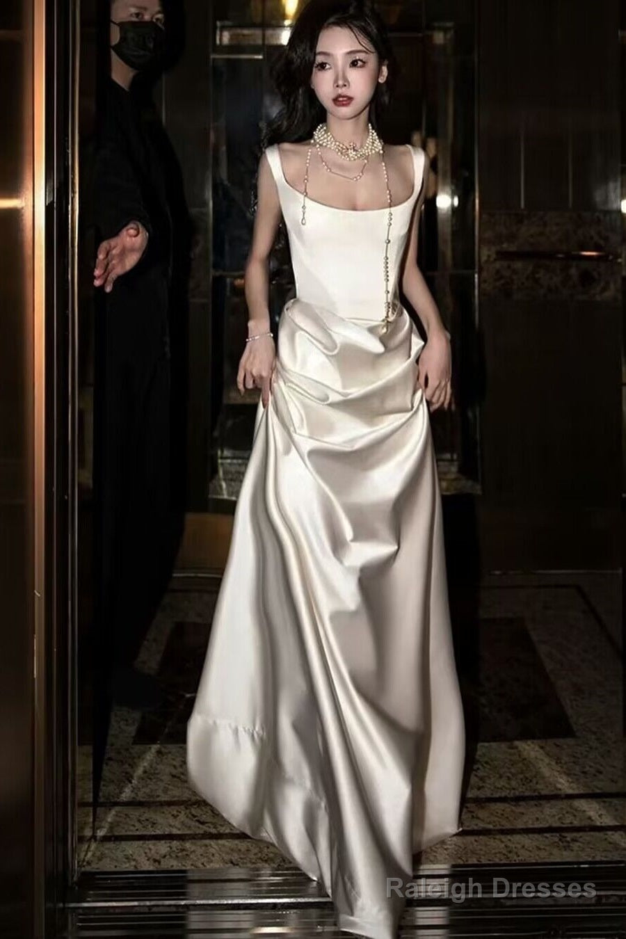 French Style White Satin A Line Elegant Prom Dress – Raleigh Dresses