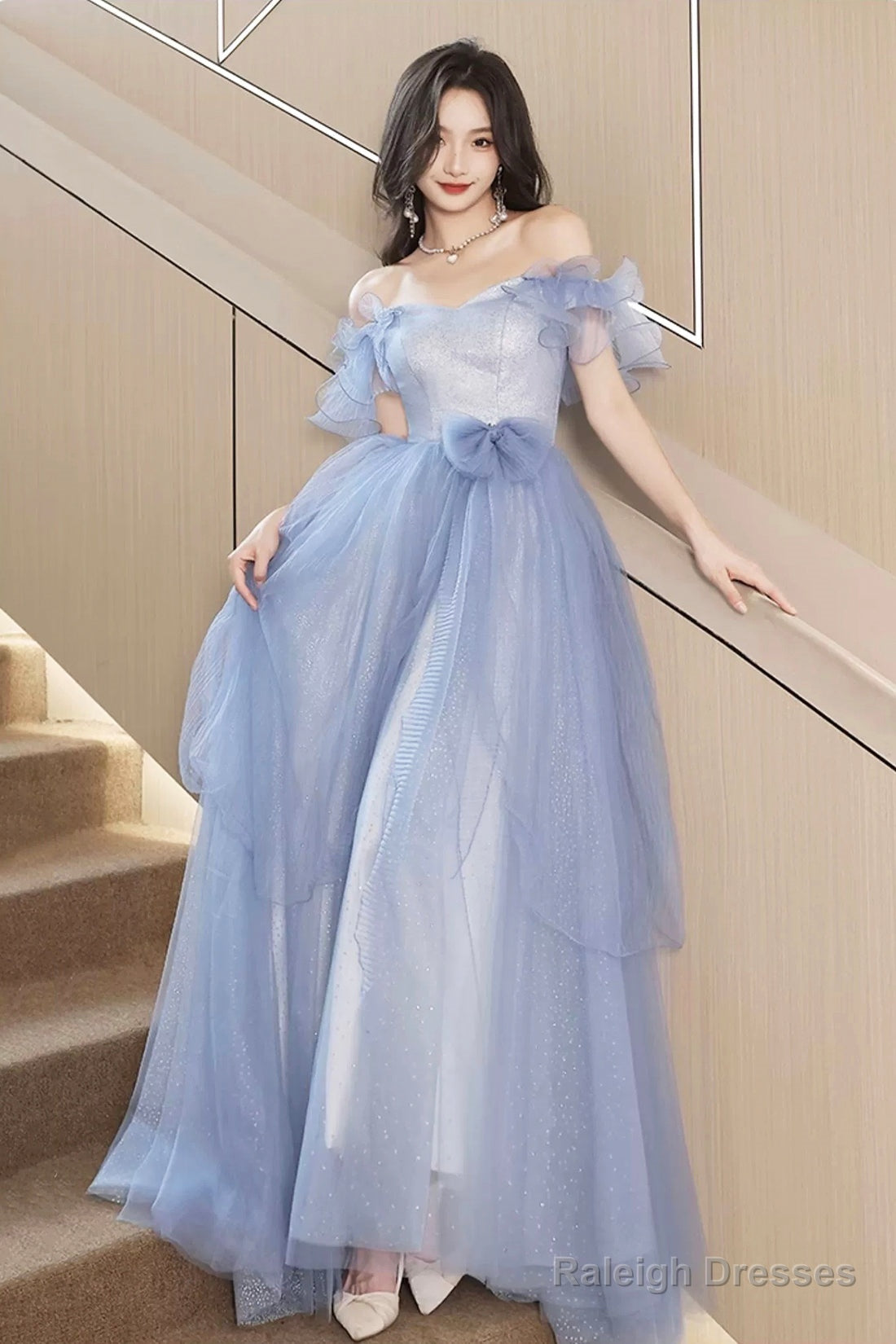 French Stylish Off Shoulder Blue Tulle Prom Dress With Bow – Raleigh ...