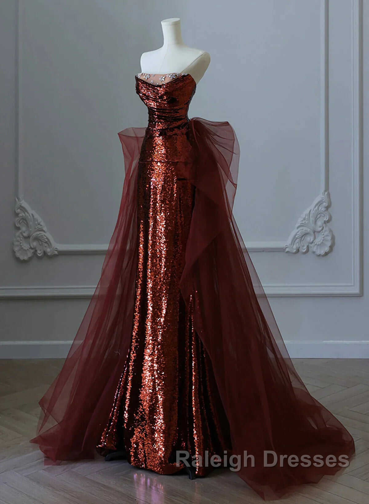 Glam Wine Red Sequins And Tulle Long Prom Dresses Wine Red Prom Dresse ...
