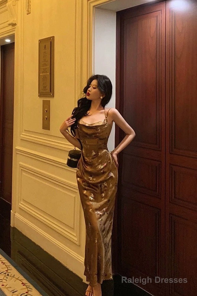 Gorgeous Sheath Straps Gold Satin Date Night Dress Long Prom Dresses B ...