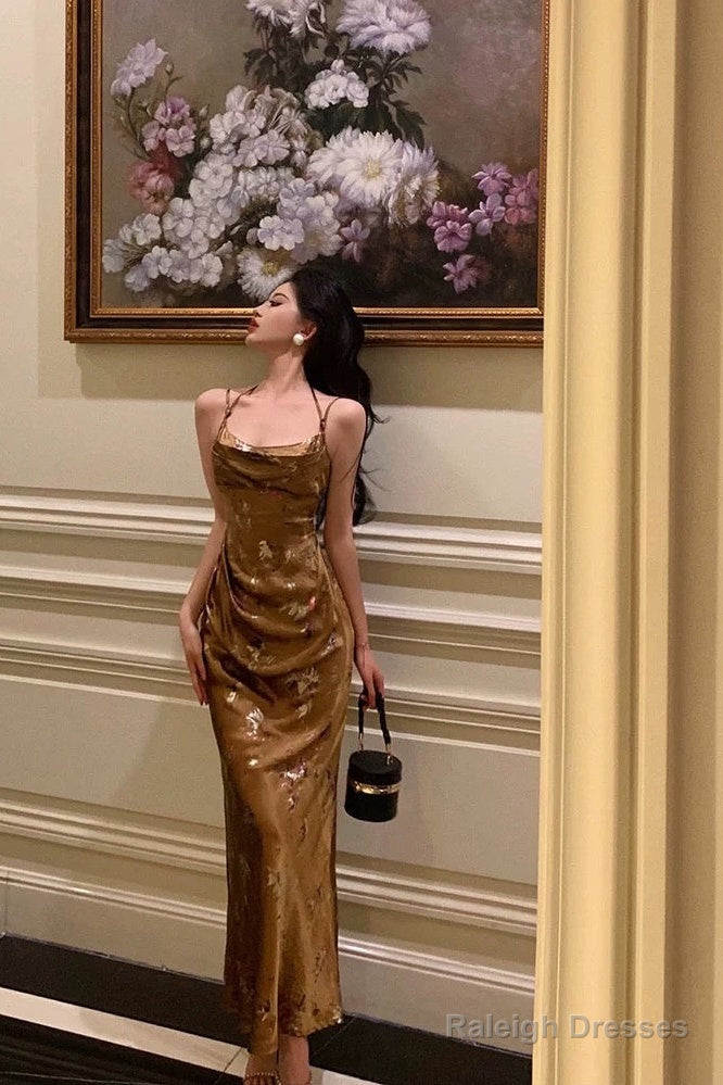 Gorgeous Sheath Straps Gold Satin Date Night Dress Long Prom Dresses B ...