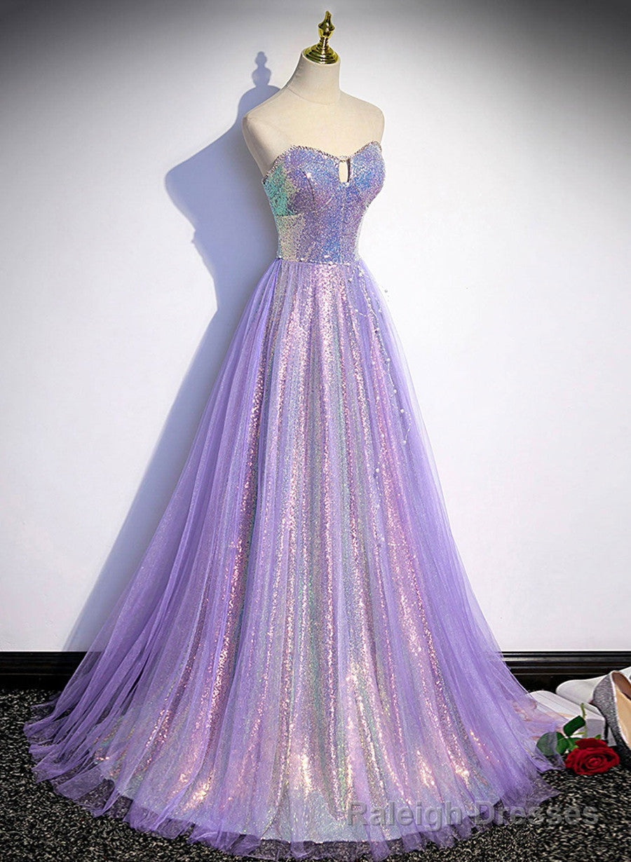 Lavender Tulle and Sequins Sweetheart Long Pary Dress, A-line Prom Dre ...