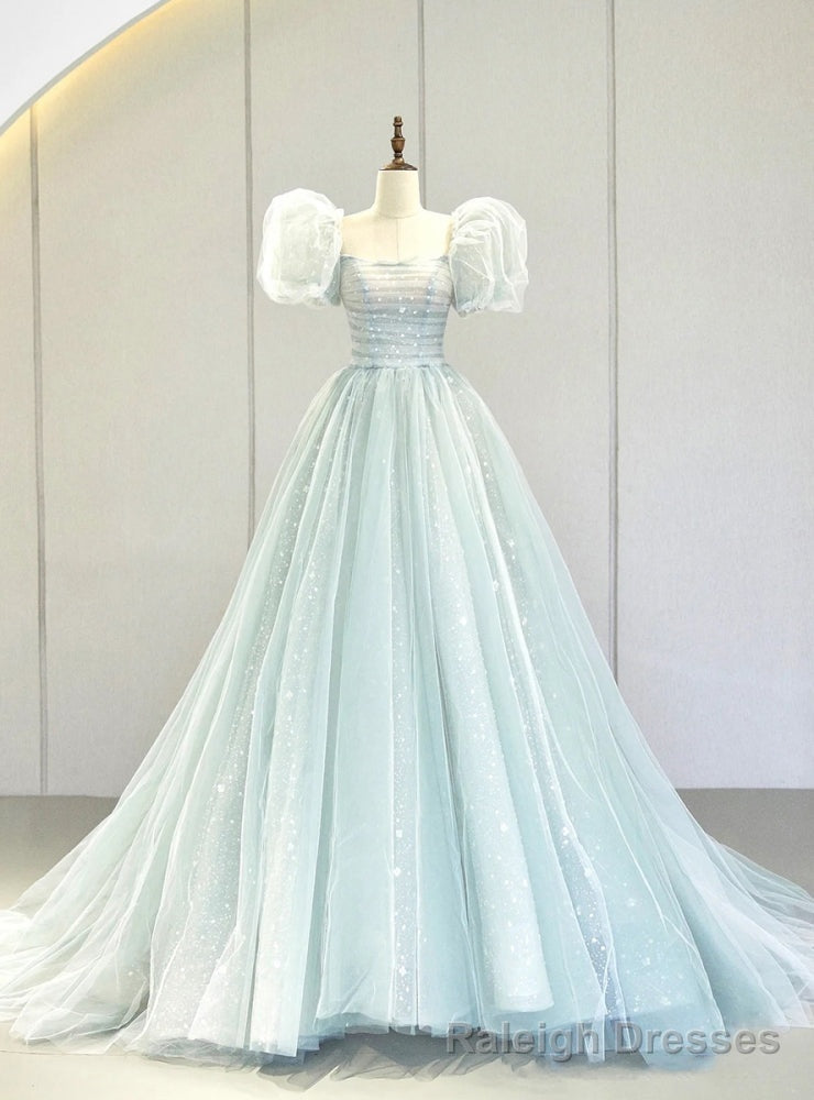 Light Blue Tulle Sequins Puff Sleeve Prom Dress – Raleigh Dresses