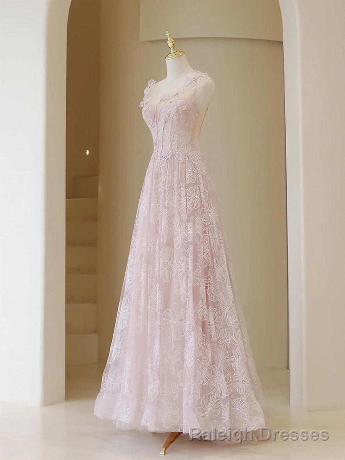 Light Pink Round Neckline Lace Long Prom Dress, A-line Pink Floor Leng ...