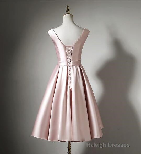 Light Pink Tea Length Satin Wedding Party Dress, Pink Evening Party Dr ...