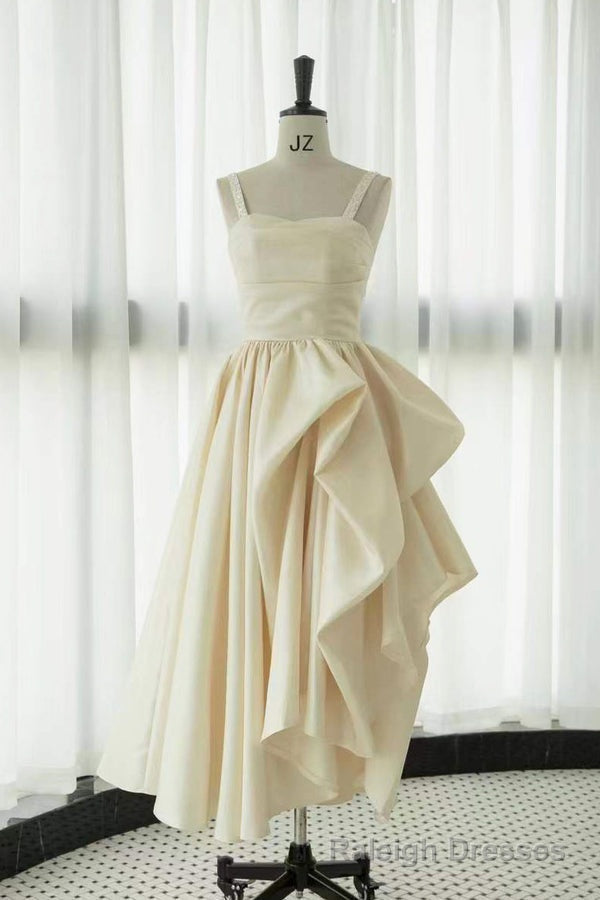 Ankle Length Straps Prom Dress, Satin Homecoming Gowns with Beads ...