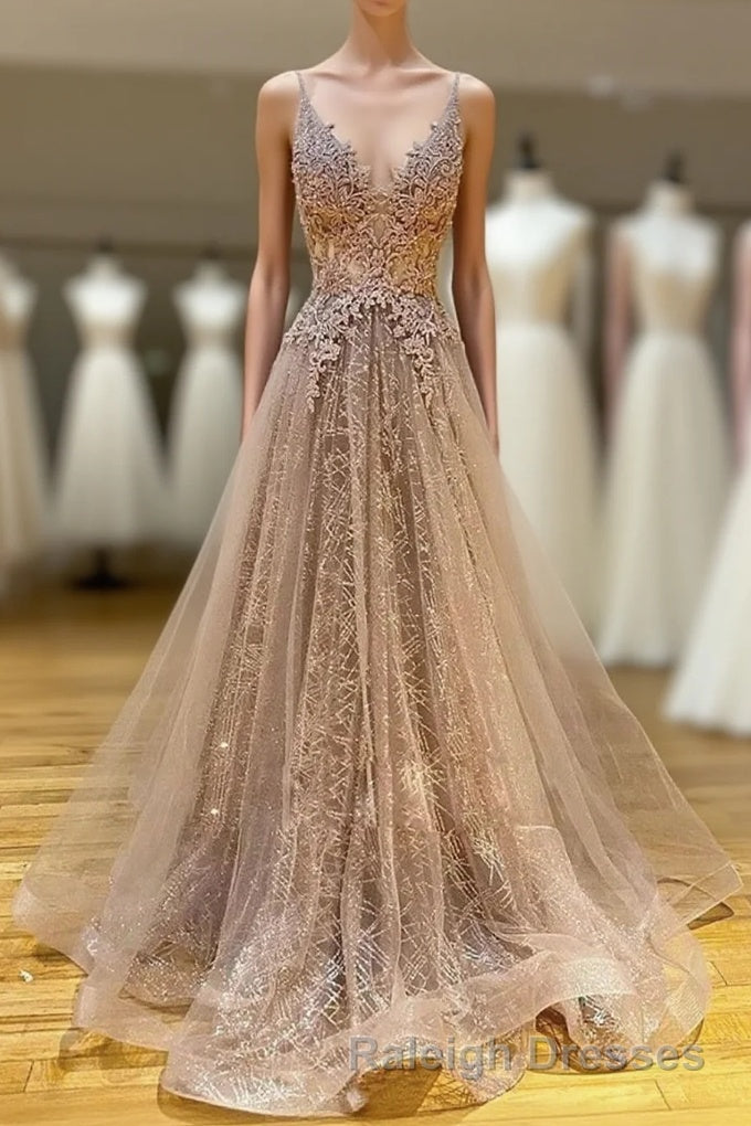 Long A-line V-neck Lace Tulle Prom Formal Graduation Evening Dresses ...