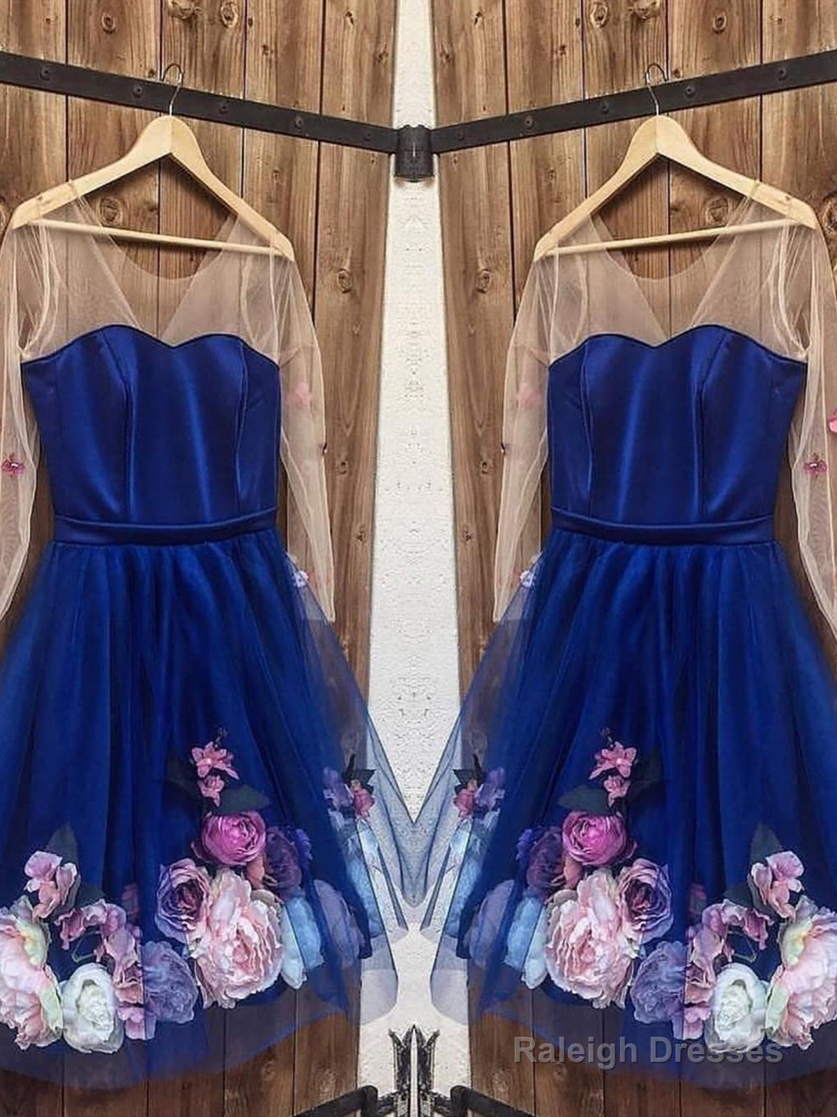 Long Sleeves 3D Floral Short Blue Prom Dresses, Short Blue Formal Grad ...