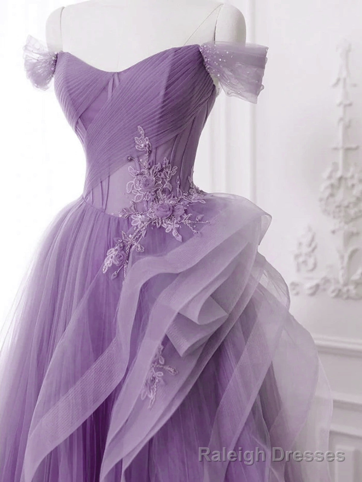 Lovely Purple A-line Tulle with Lace Applique Prom Dress, Purple Long ...