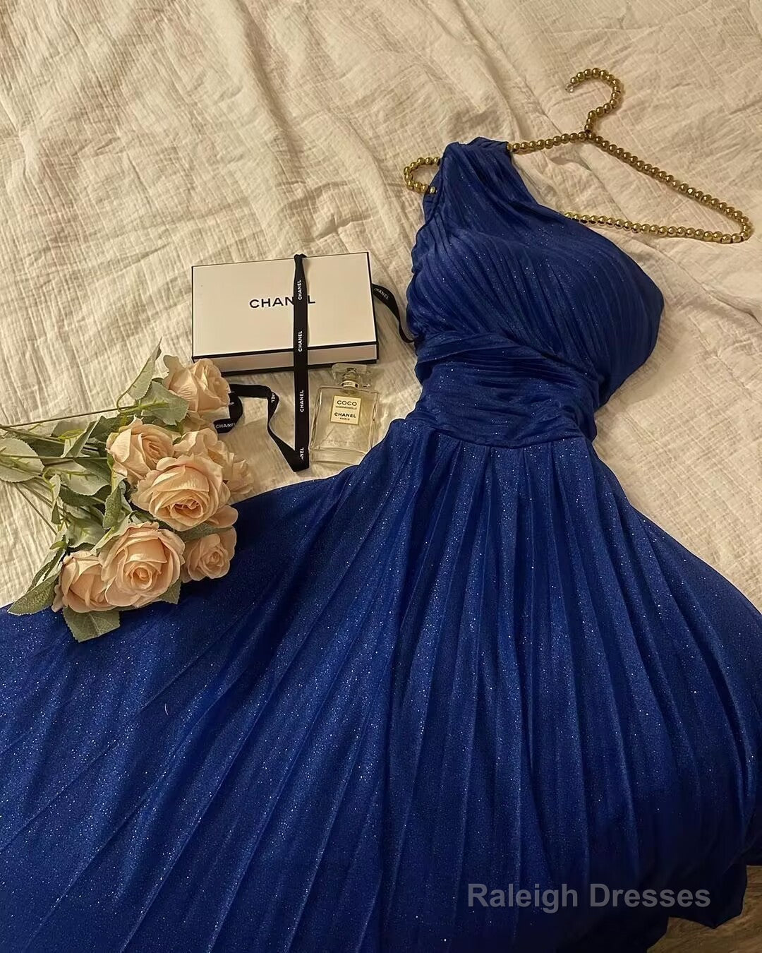 One Shoulder A Line Royal Blue Shiny Tulle Prom Dress – Raleigh Dresses