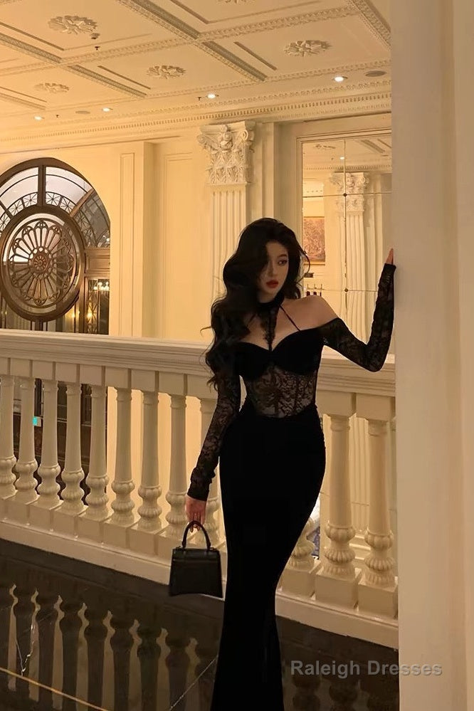 Sexy French Sheath Off The Shoulder Black Lace Prom Dresses Birthday O ...