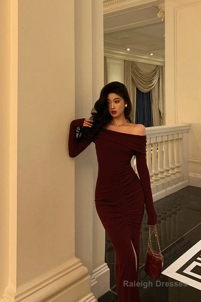 Sexy French Sheath Off The Shoulder Burgundy Split Prom Dresses Birthd ...