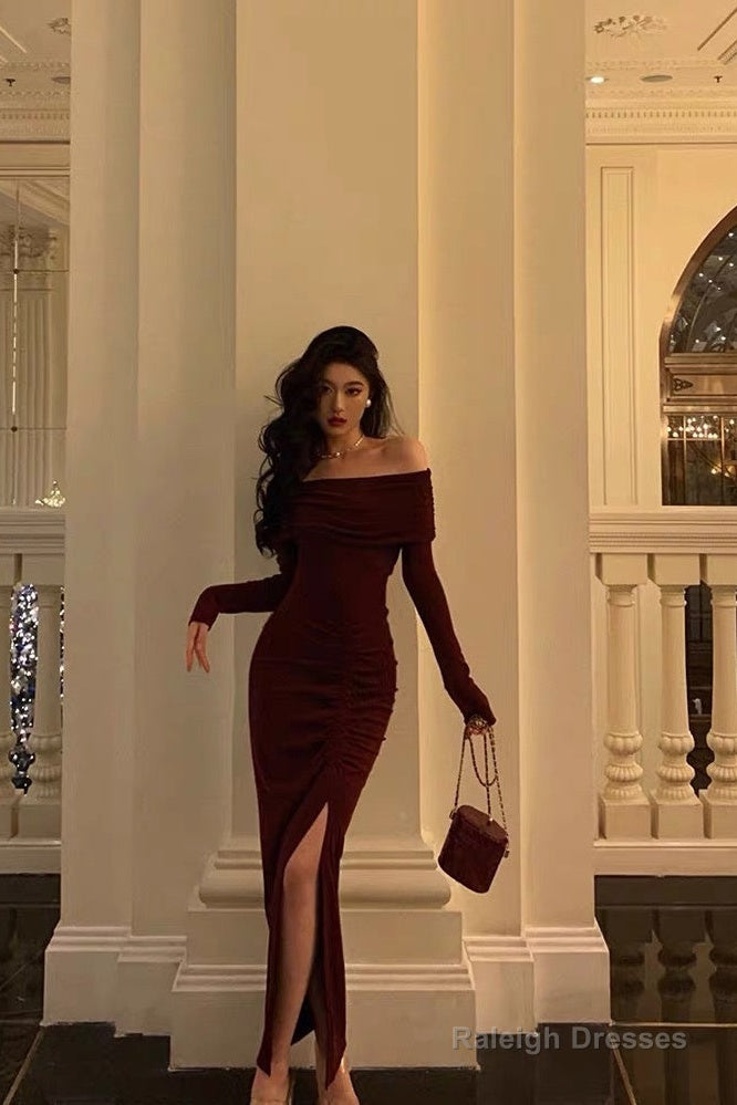 Sexy French Sheath Off The Shoulder Burgundy Split Prom Dresses Birthd ...