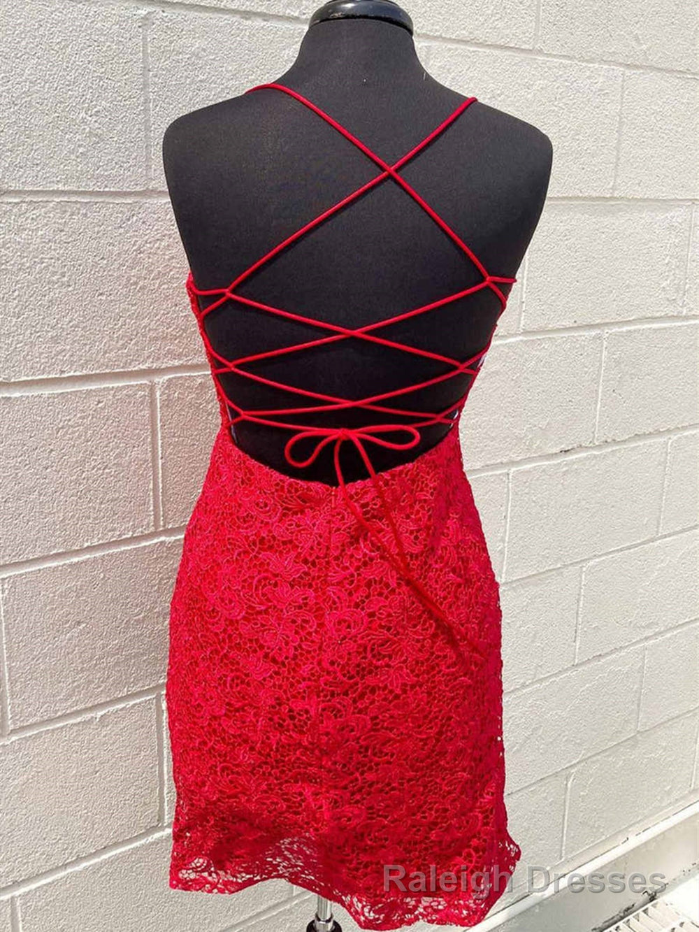 Short Backless Red Lace Prom Dresses, Open Back Short Red Lace Formal ...