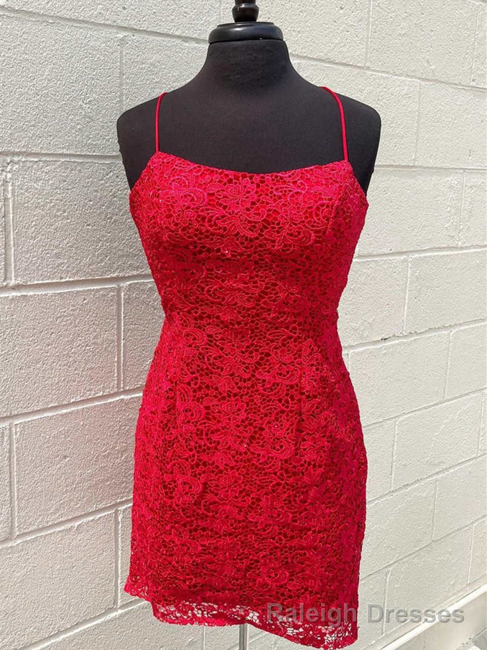 Short Backless Red Lace Prom Dresses, Open Back Short Red Lace Formal ...