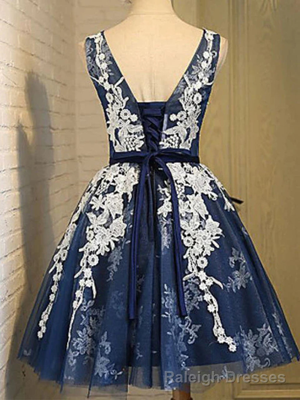 Short Dark Navy Blue Prom Dress with White Lace, Short Dark Navy Blue ...