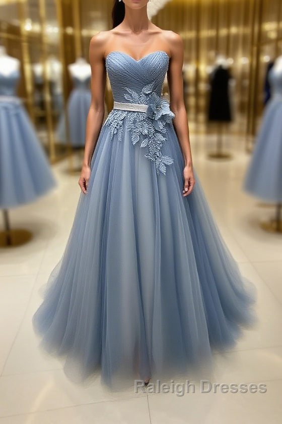 Simple gray blue tulle lace applique long prom Dresses tulle Prom Dres ...