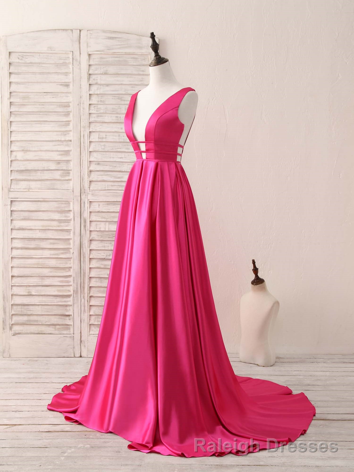 Simple V Neck Satin Long Prom Dress Backless Evening Dress – Raleigh ...