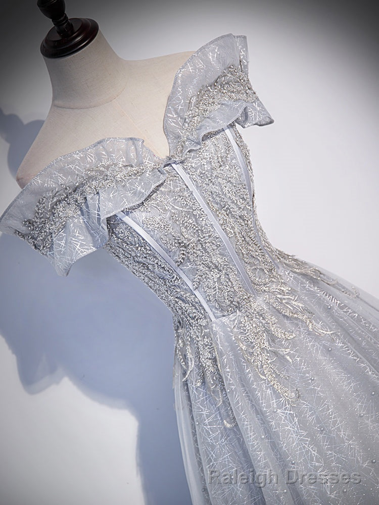 Sliver-Grey Shiny Tulle Off Shoulder Prom Dress, Sliver Long Party Dre ...