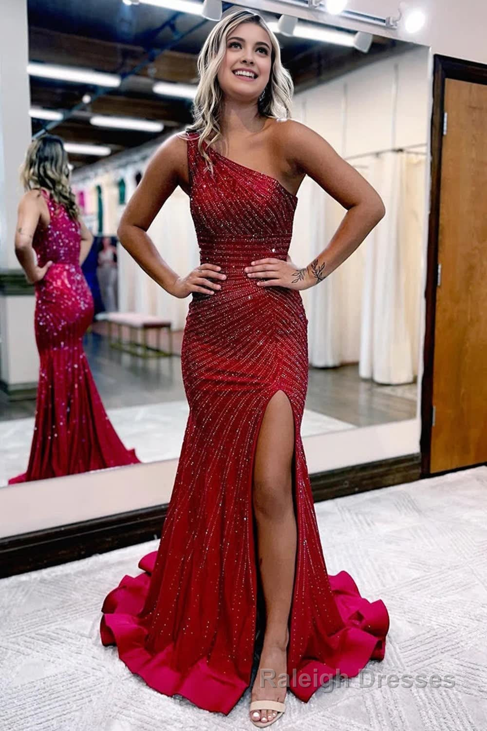 Sparkly Burgundy Beaded One Shoulder Long Prom Dress with Slit Formal ...