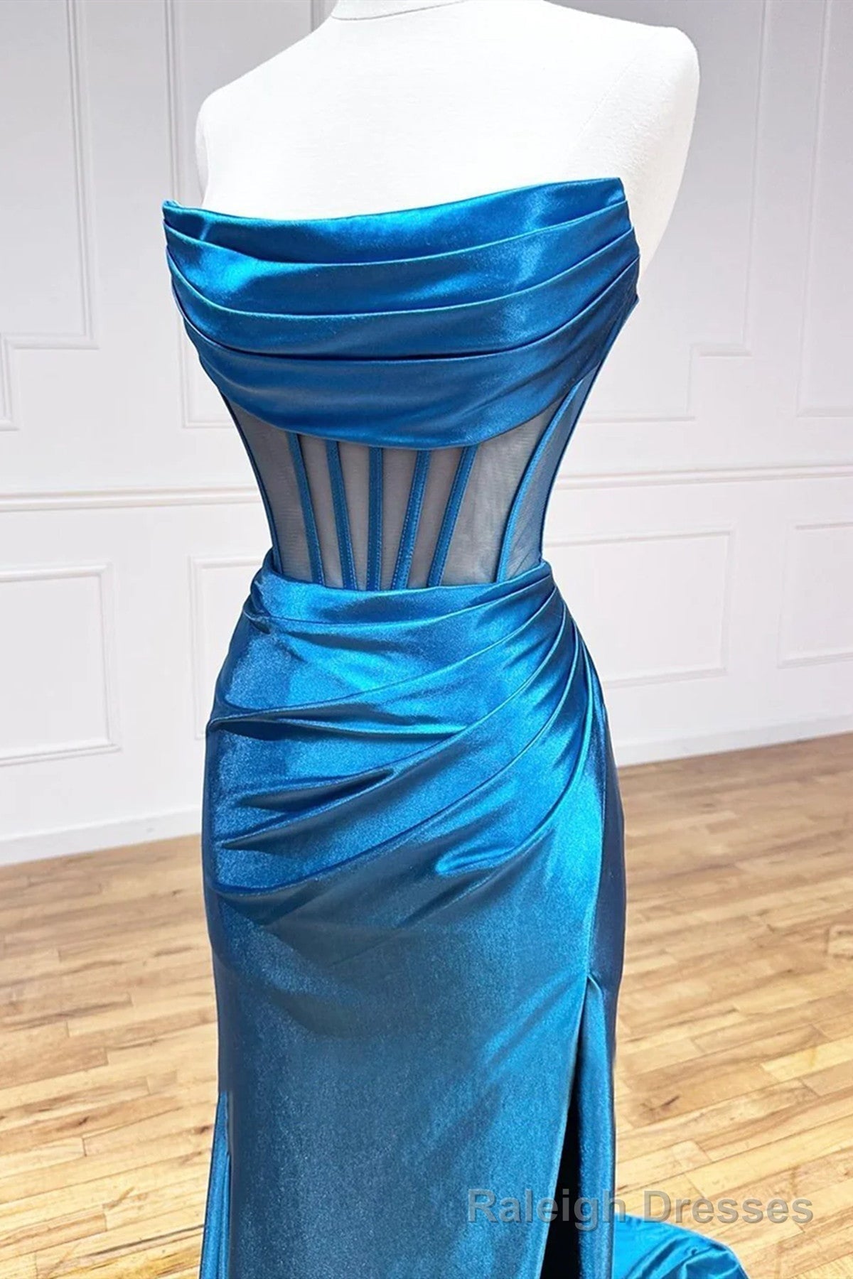 Strapless Pleated Blue Long Prom Dresses, Blue Long Formal Evening Dre ...