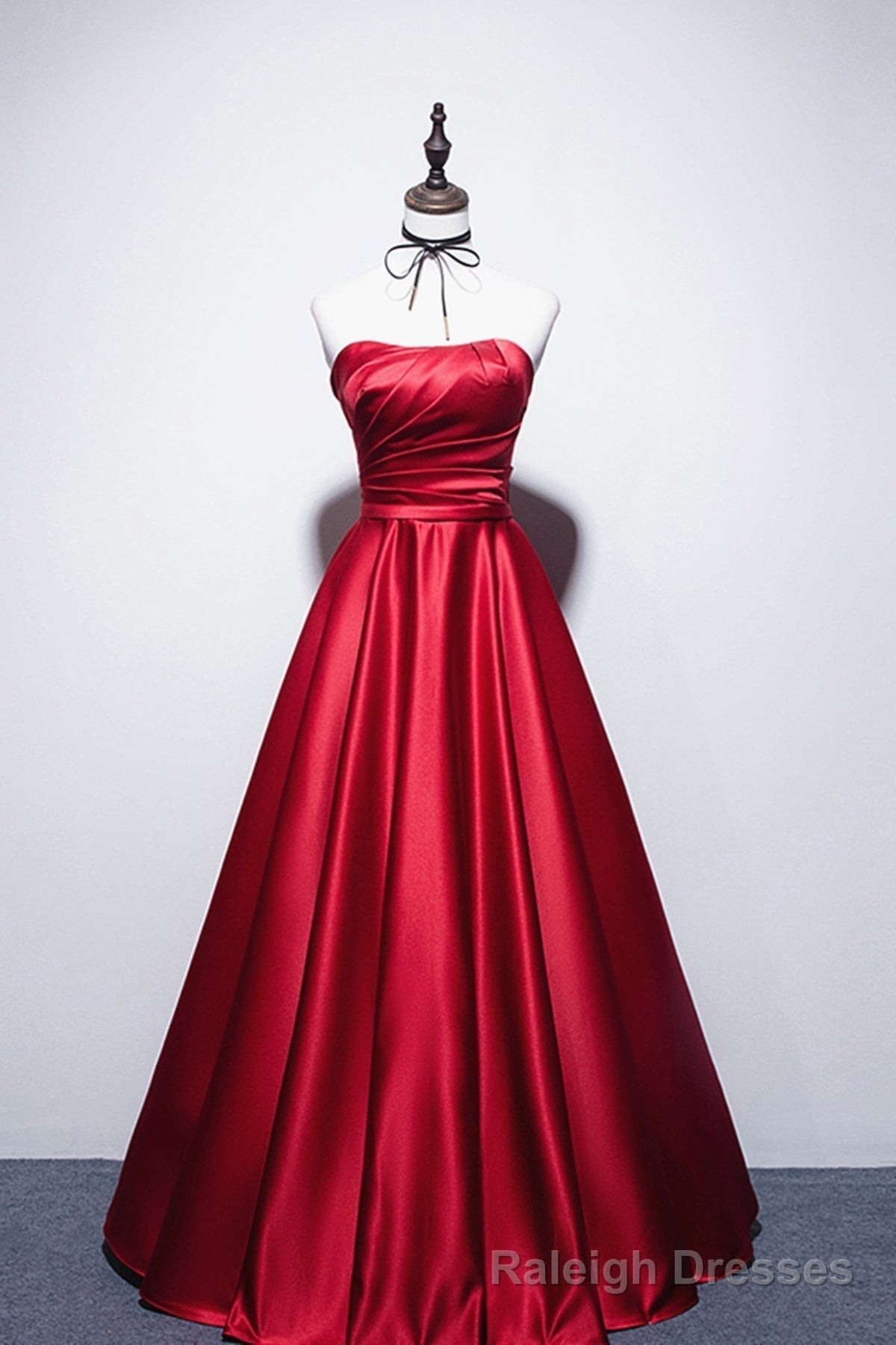 Strapless Red Satin Long Prom Dresses, Dark Red Long Formal Evening Dr ...