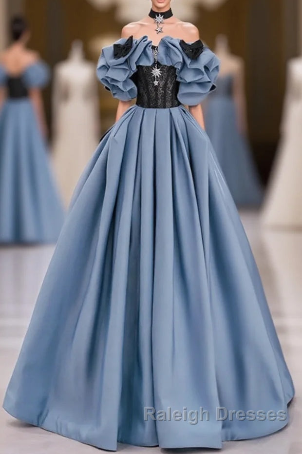 Unique Blue Prom Dress Off Shoulder Satin Lace Long Evening Dresses ...