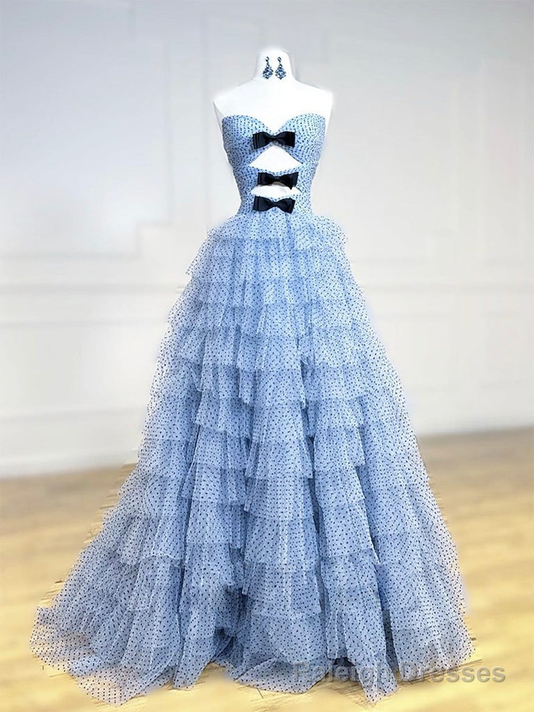 Unique Sweetheart Neck Tulle Blue Long Prom Dress, Blue Tulle Long For ...