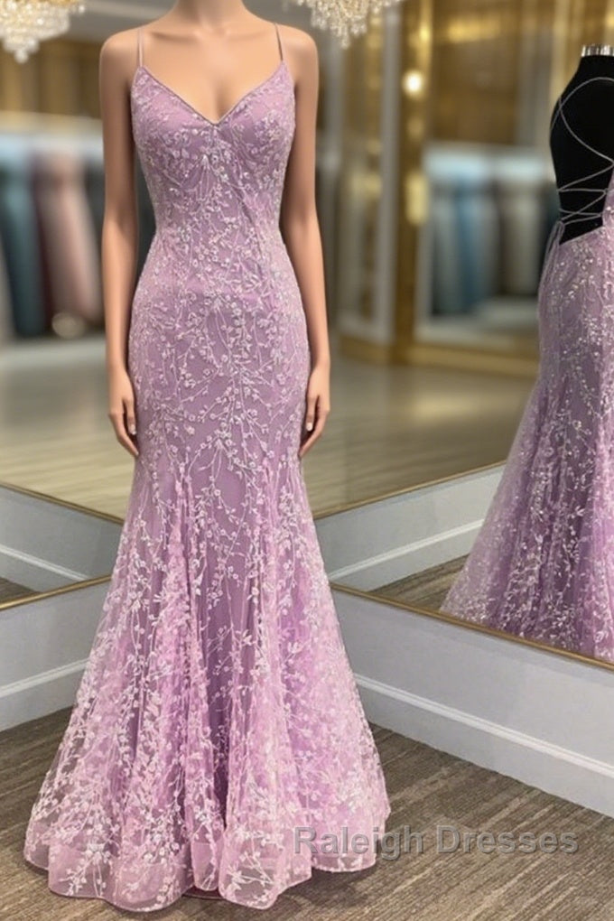 V Neck Backless Mermaid Purple Lace Long Prom Dresses Mermaid Purple P ...