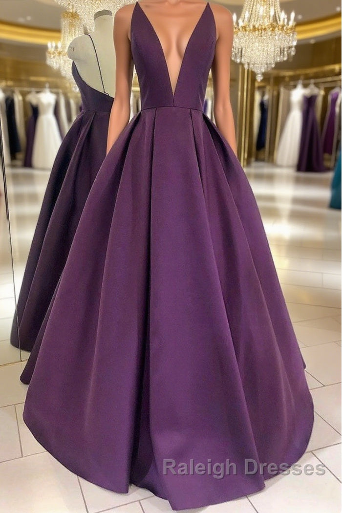 V Neck Backless Purple Satin Long Prom Dress, Backless Purple Formal D ...
