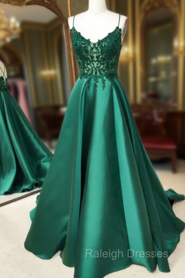 V Neck Open Back Green Lace Long Prom Dresses, V Neck Backless Green L ...