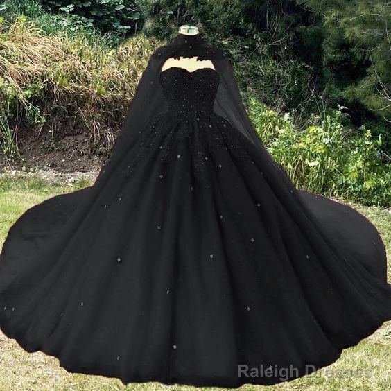 Vintage Black Wedding Dress Ball Gown For Gothic Weddings With Cape Pr ...